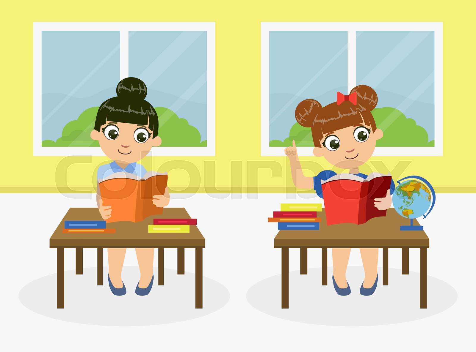 Cute Little Girls Sitting at Desk and Reading Books During Lesson ...
