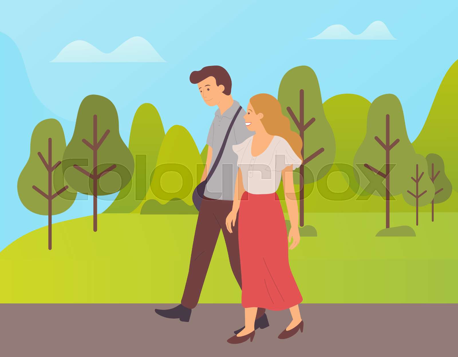 Couple Walking Together Cartoon Characters in Park | Stock vector ...