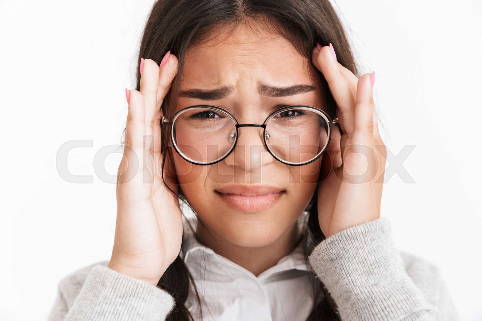 Photo closeup of anxious frightened girl wearing eyeglasses crying and ...