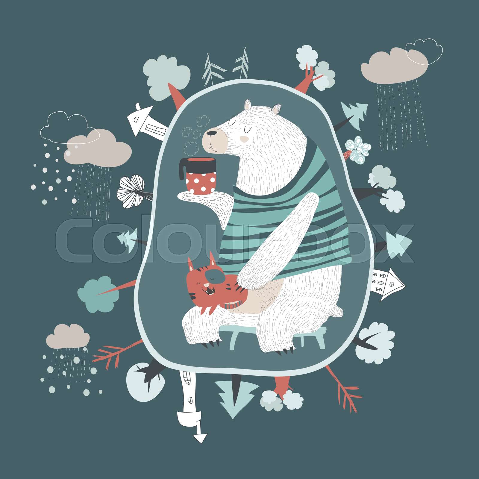 Cute cartoon bear with little cat in den | Stock vector | Colourbox