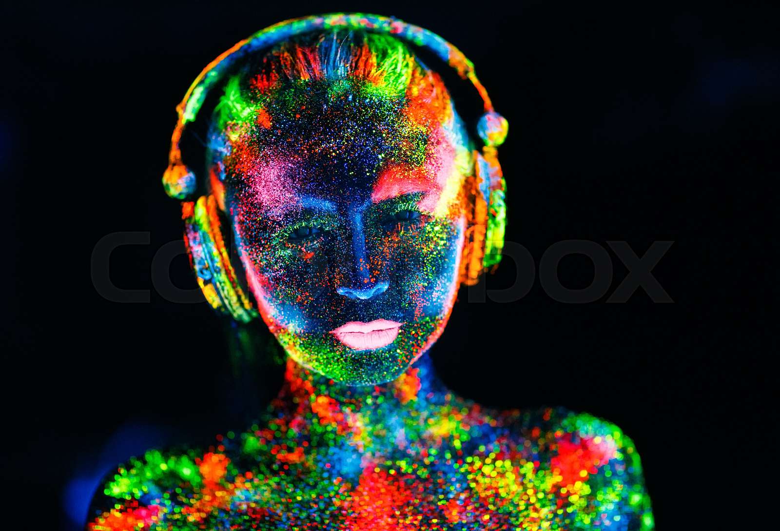 Concept. On the body of a girl painted DJ deck. Half-naked girl painted ...