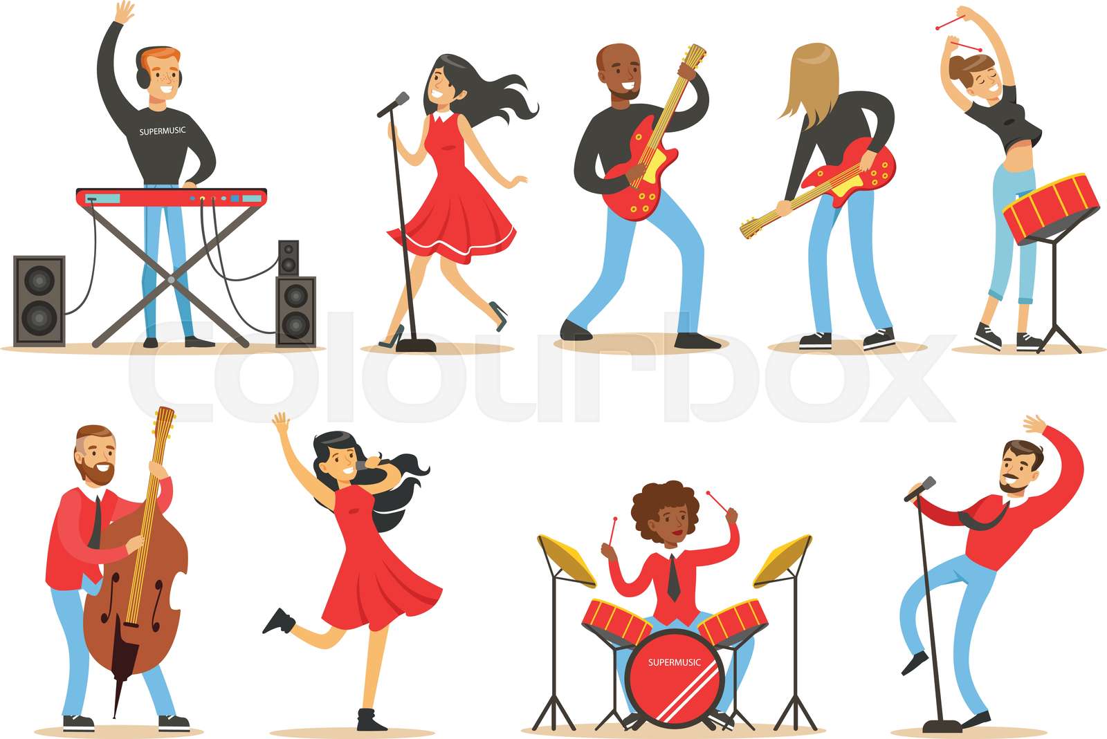 Artists Playing Music Instruments And Singing On Stage Concert Set Of ...