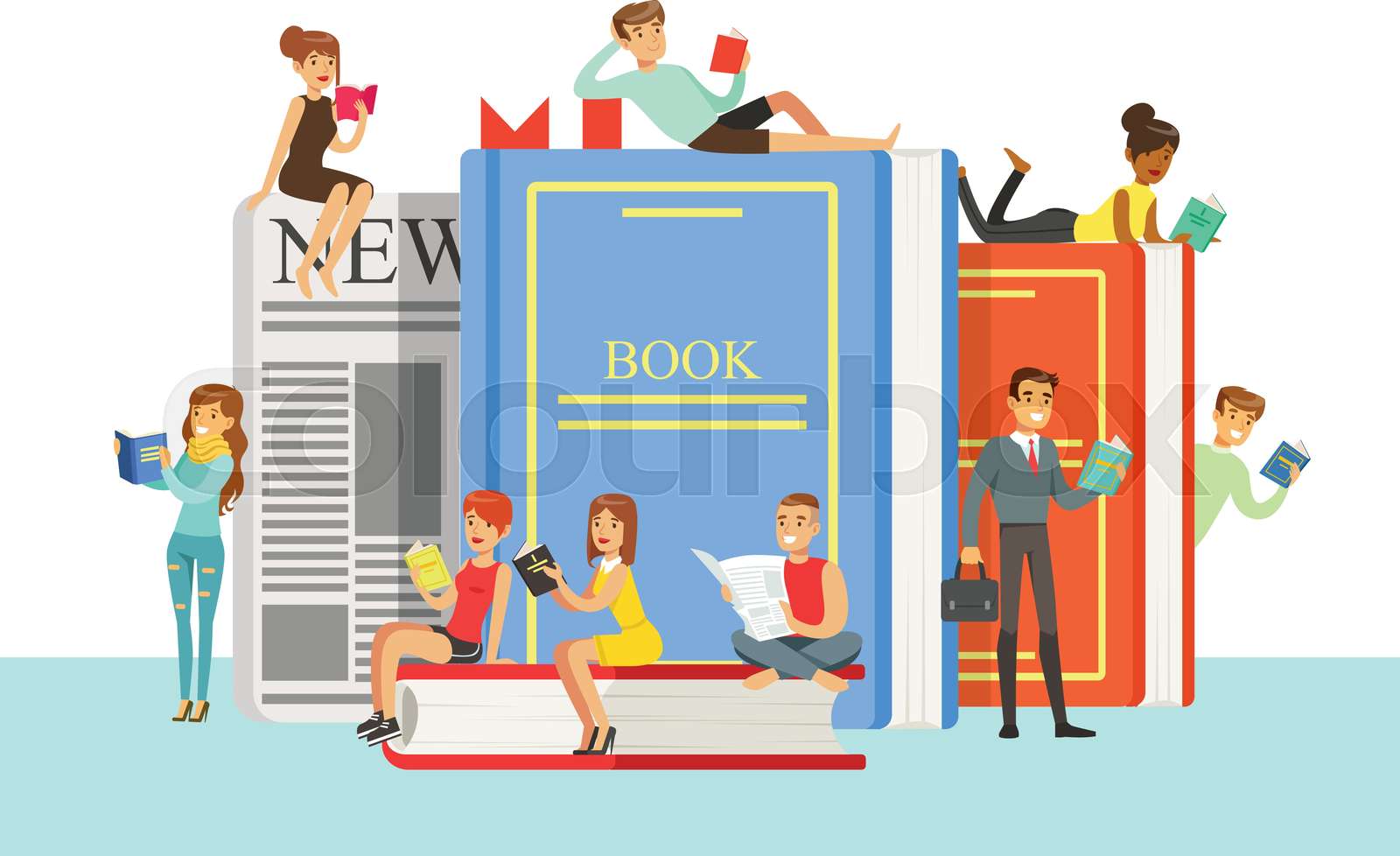 People Who Love To Read Reading Books Around Giant Books With Hard ...