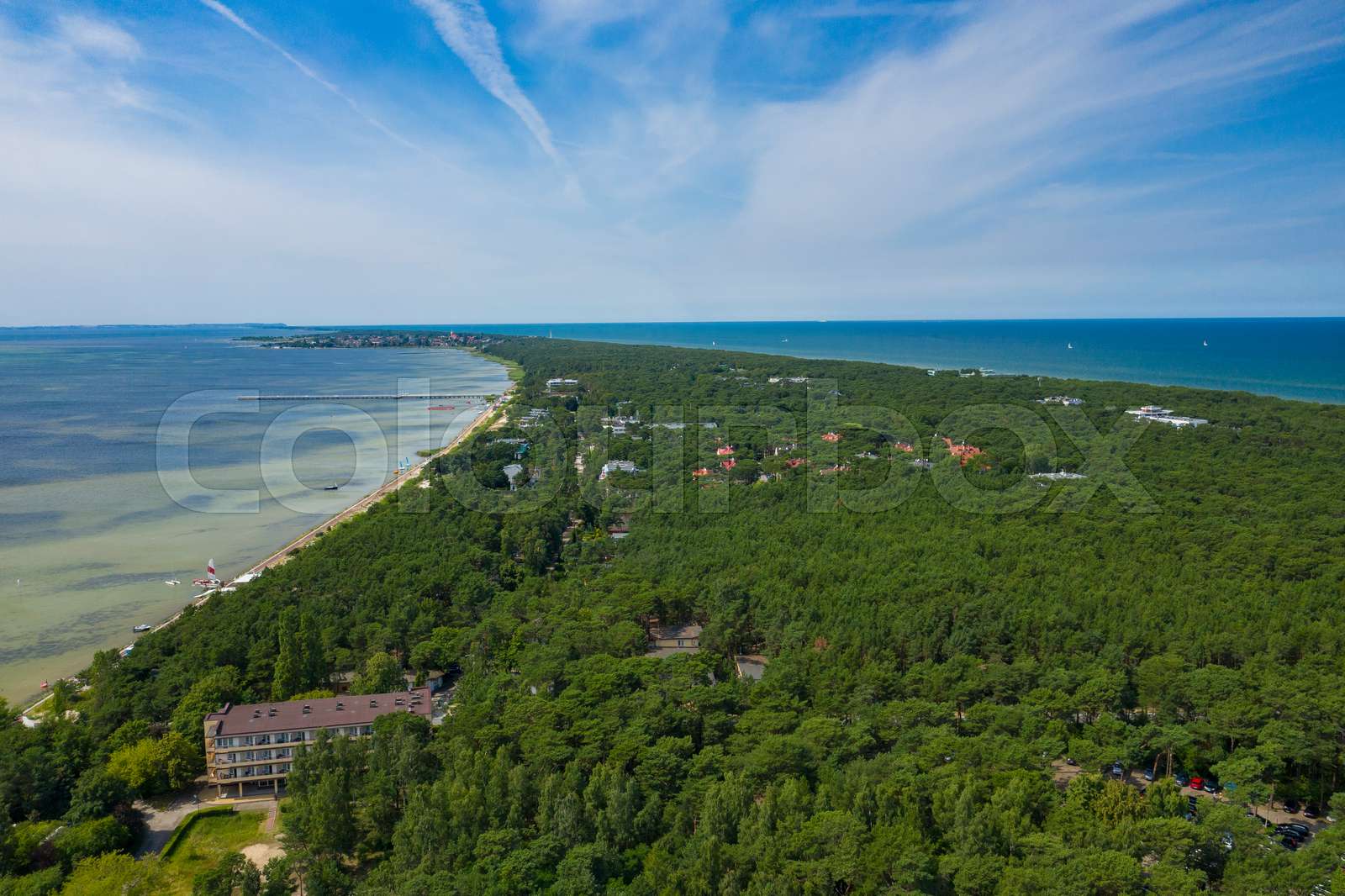 Aerial view of Hel Peninsula in Poland, Baltic Sea and Puck Bay (Zatoka ...