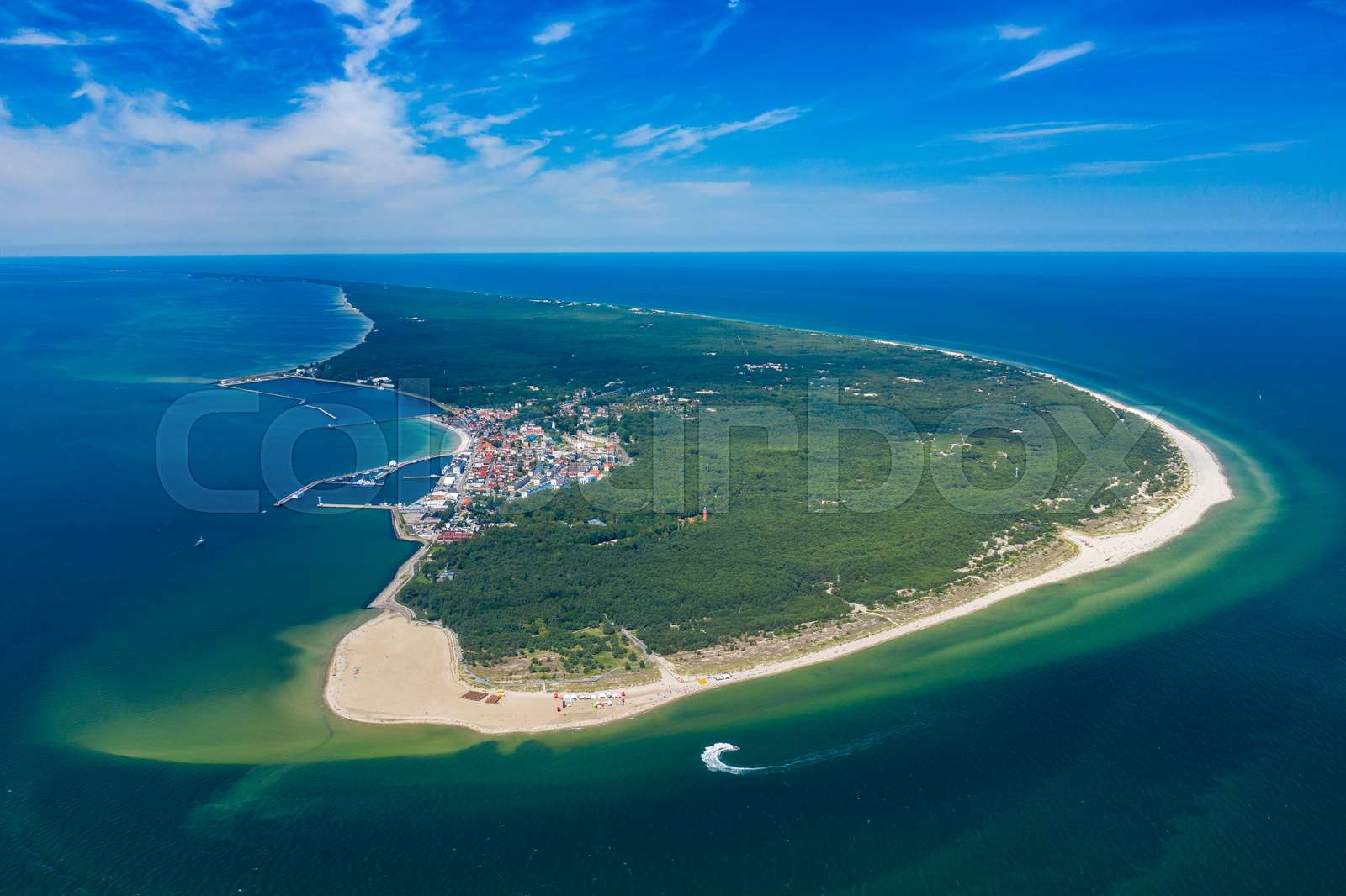 Aerial view of Hel Peninsula in Poland, Baltic Sea and Puck Bay (Zatoka ...