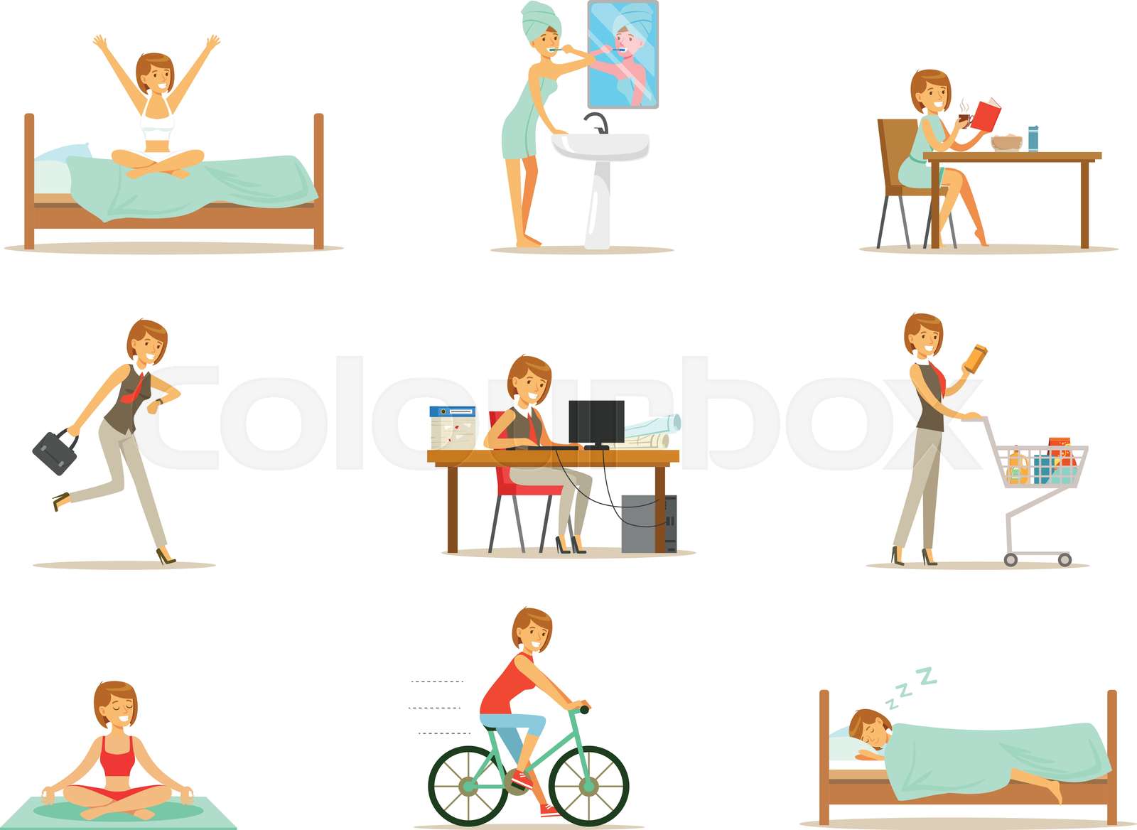 Modern Woman Daily Routine From Morning To Evening Series Of Cartoon ...