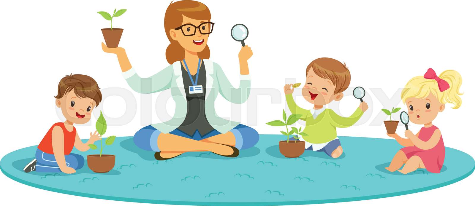 Teacher with kids learning about plants during biology lesson. Cartoon ...