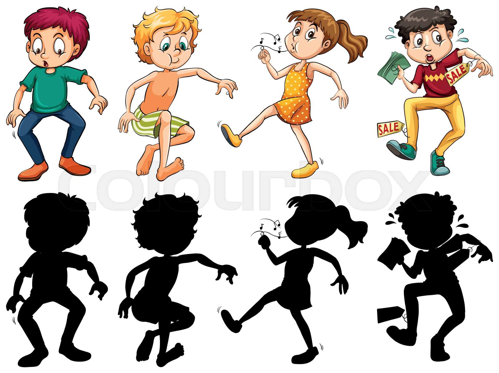 Silhouette, color and outline version of crazy kids | Stock vector ...
