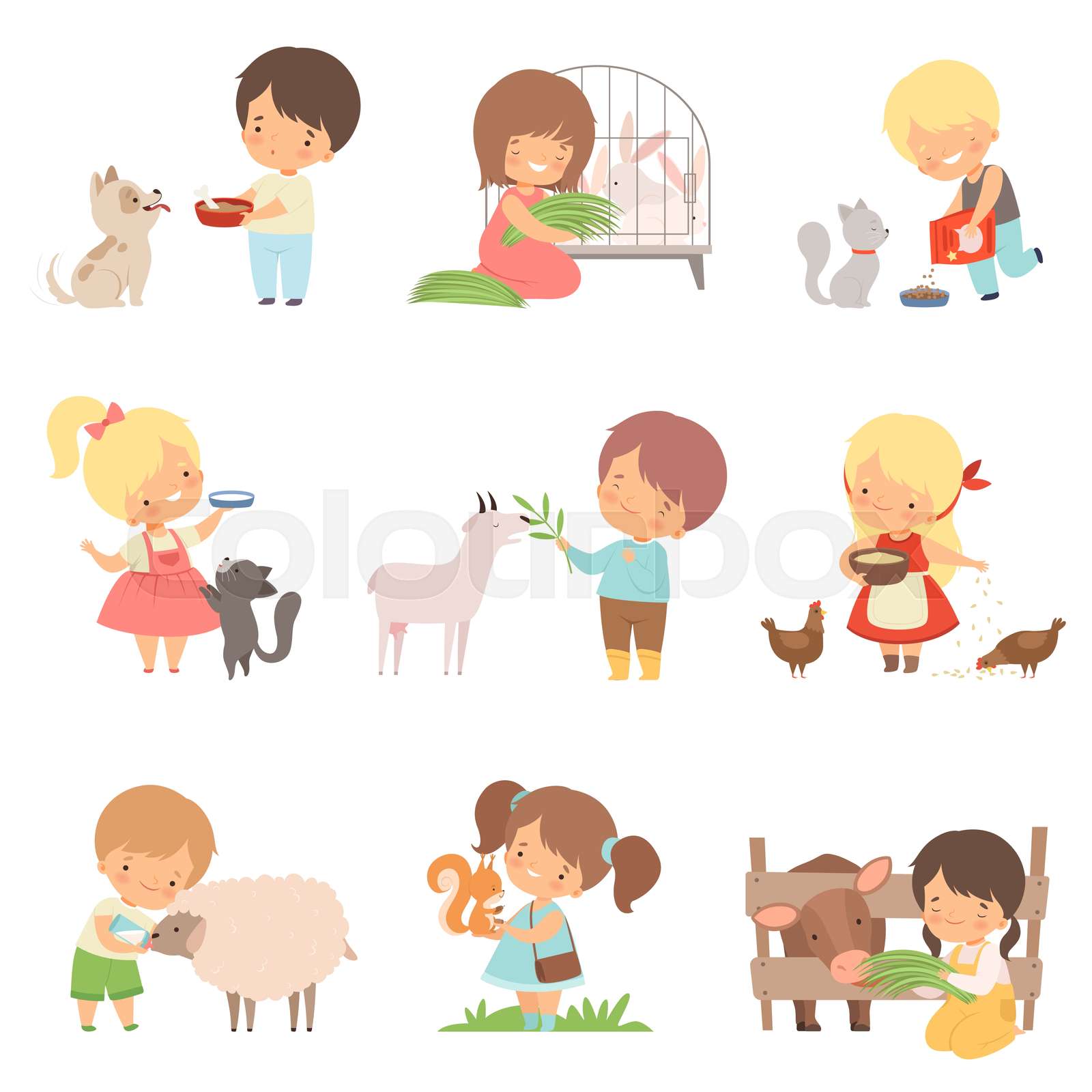 Cute Little Boys and Girls Feeding Animals Set, Adorable Kids Caring ...