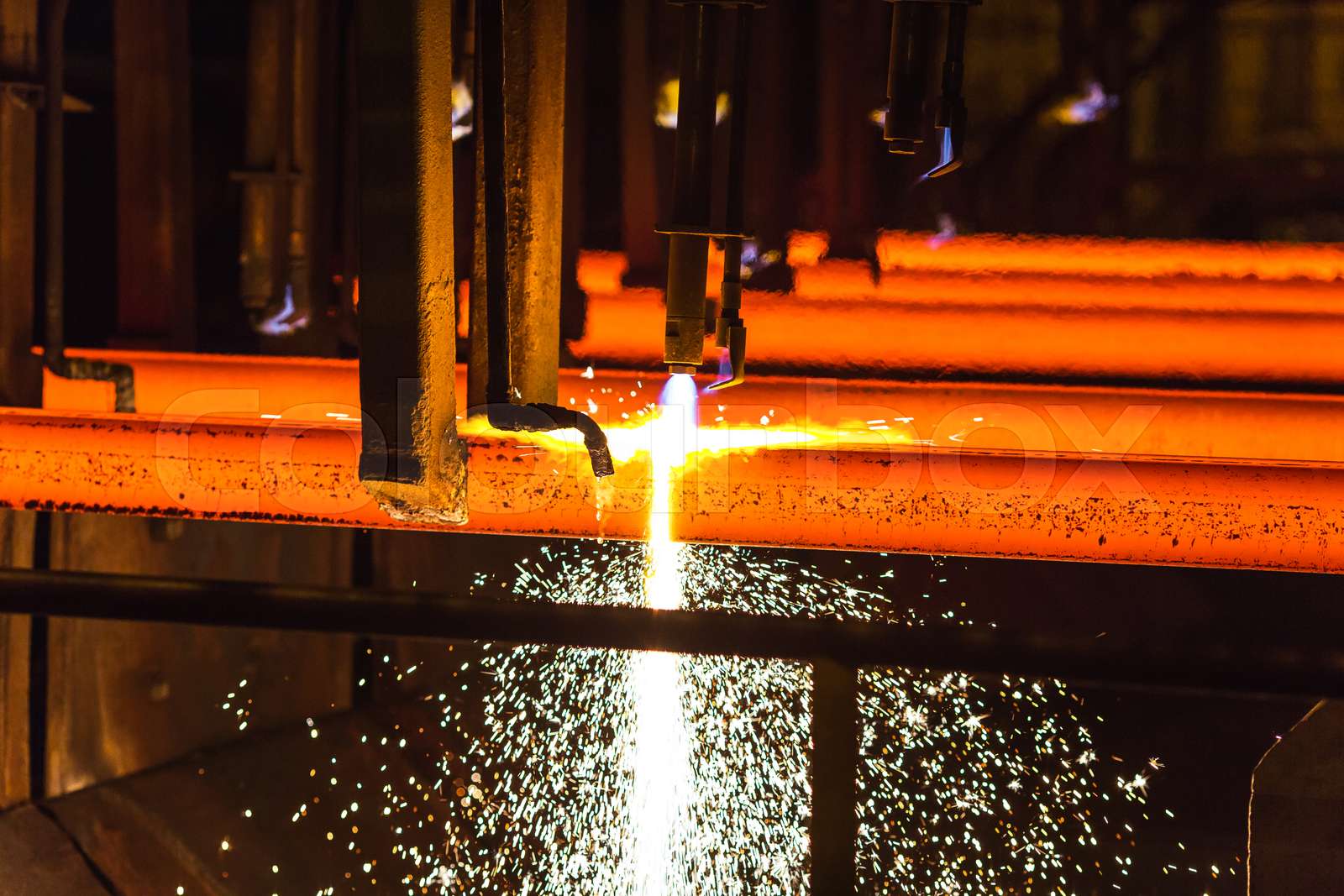 Steel Billets at Torch Cutting. Metallurgical plant. | Stock image ...
