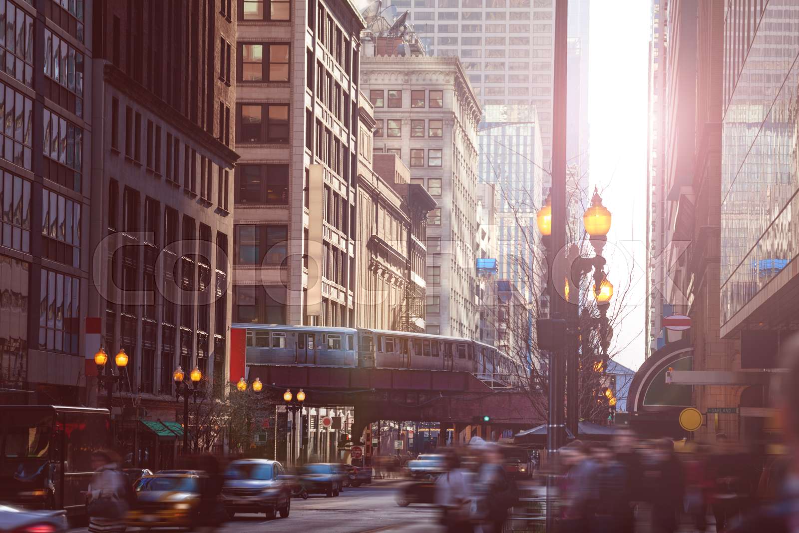 Busy street in Chicago downtown with metro line | Stock image | Colourbox
