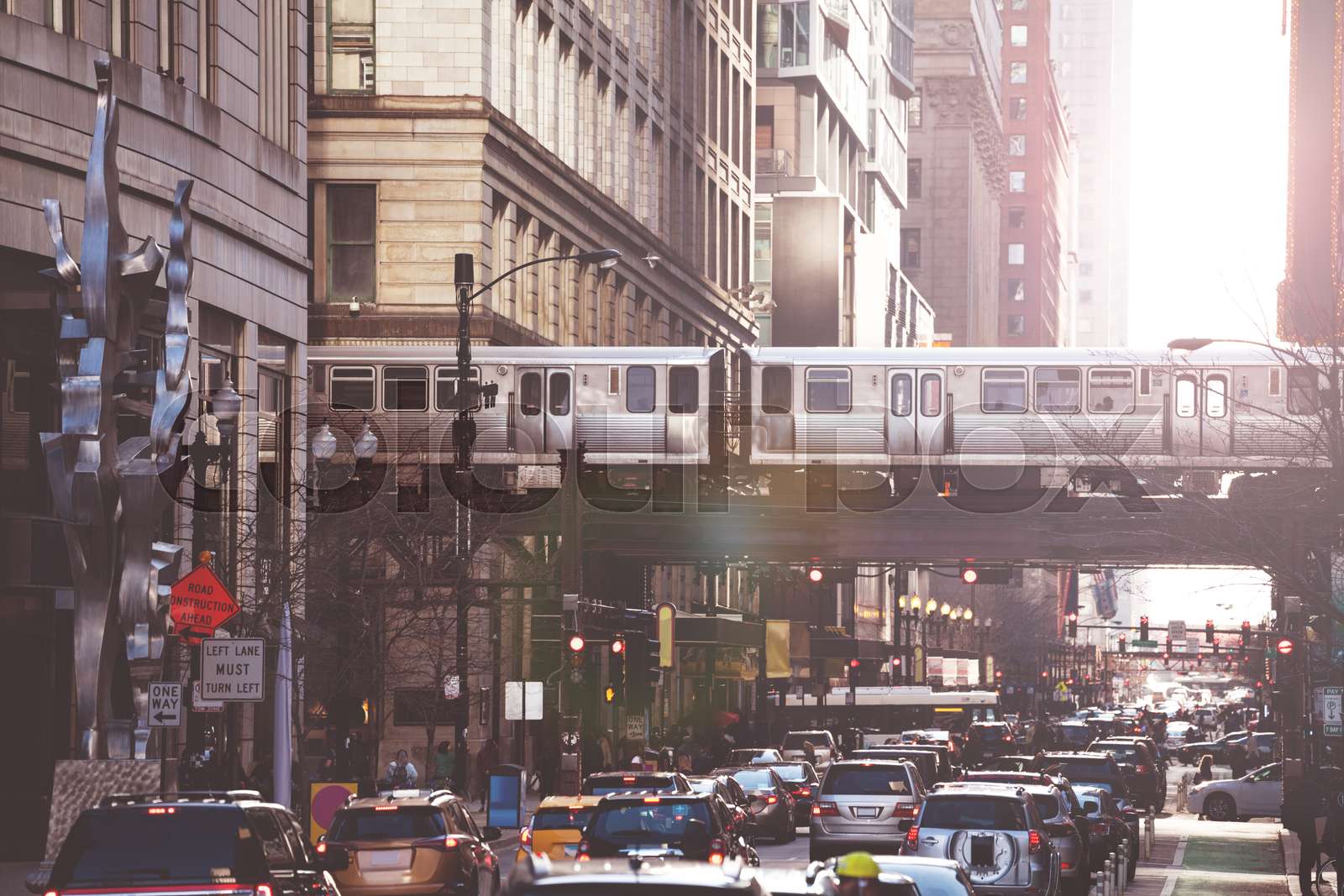 Busy street in Chicago downtown cars and metro | Stock image | Colourbox