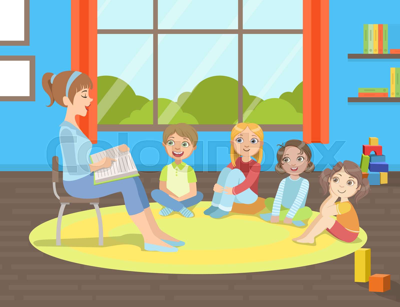 Group of Kids Sitting on Floor,Teacher Sitting on Chair and Reading ...