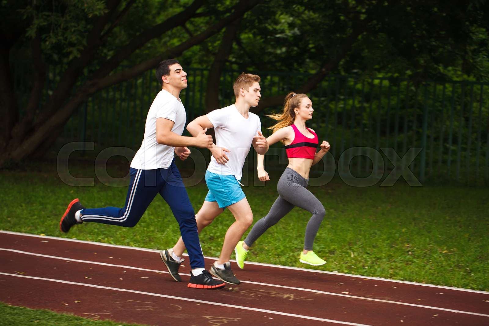 Running athletes at the stadium in the open air. | Stock image | Colourbox