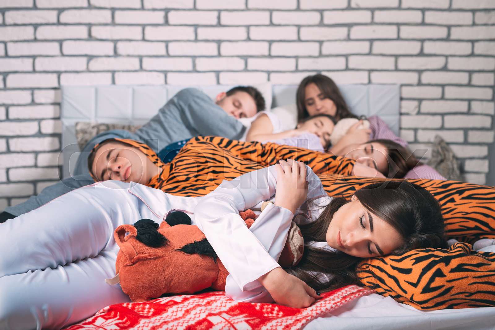 Sleeping group of young people in a bad. | Stock image | Colourbox