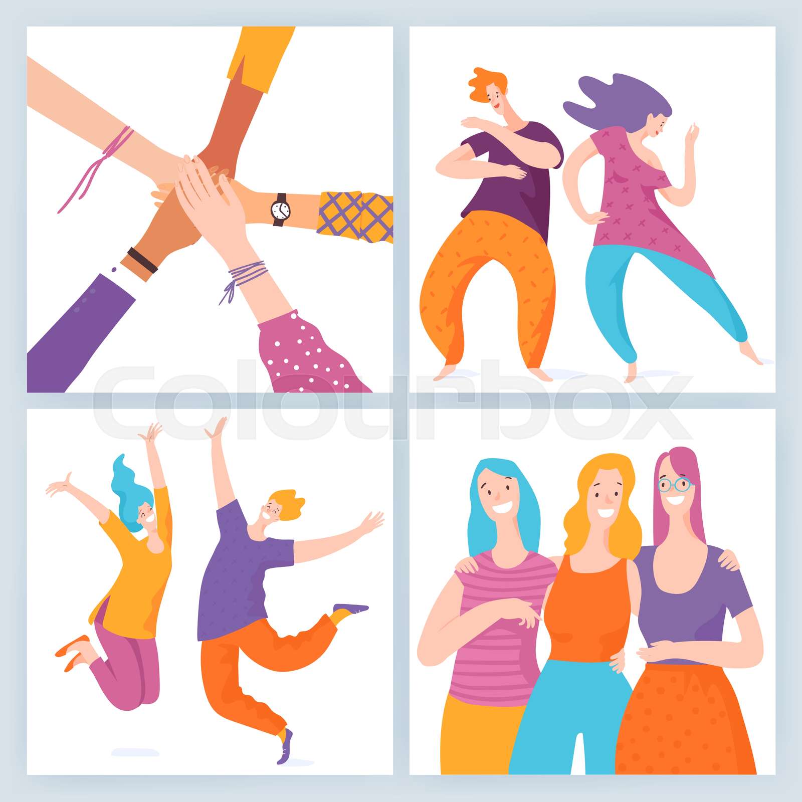 Set of four vector friendship motivation images with happy people ...