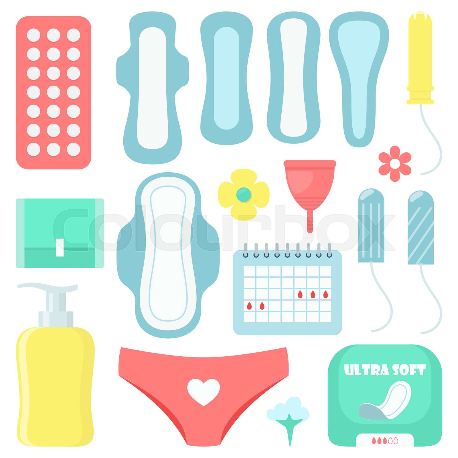 Menstruation, set of elements. Pads, tampons, menstrual cup and other ...
