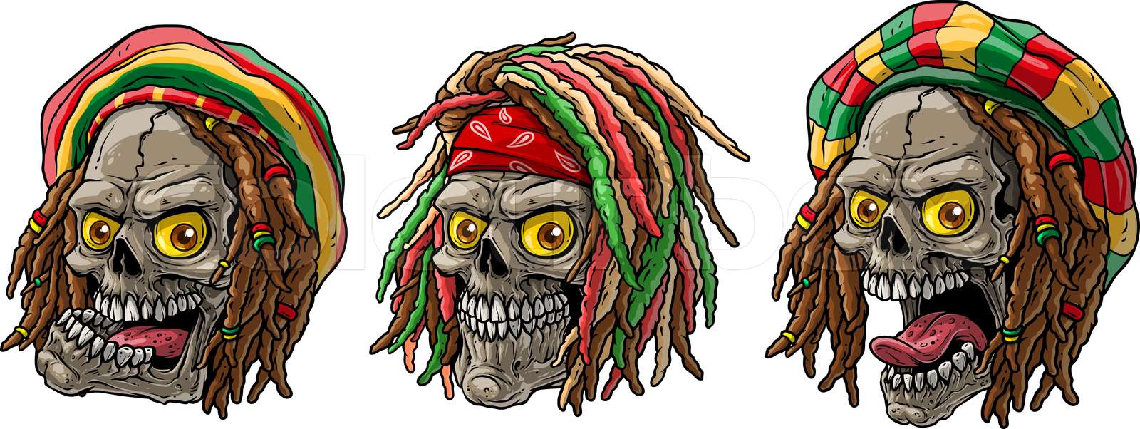 Cartoon jamaican rasta skulls with dreadlocks | Stock vector | Colourbox