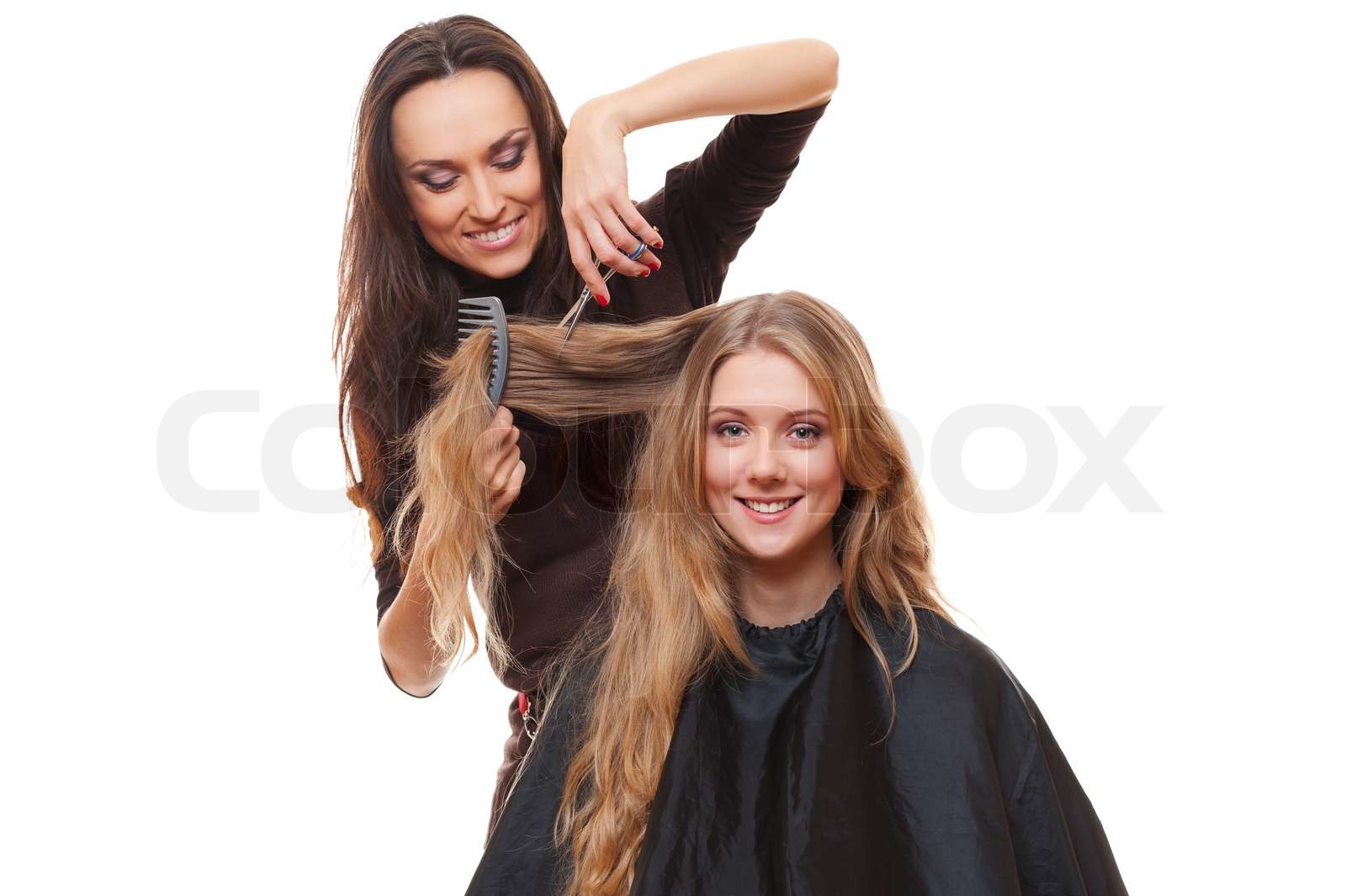 studio picture of hairdresser and smiley woman | Stock image | Colourbox