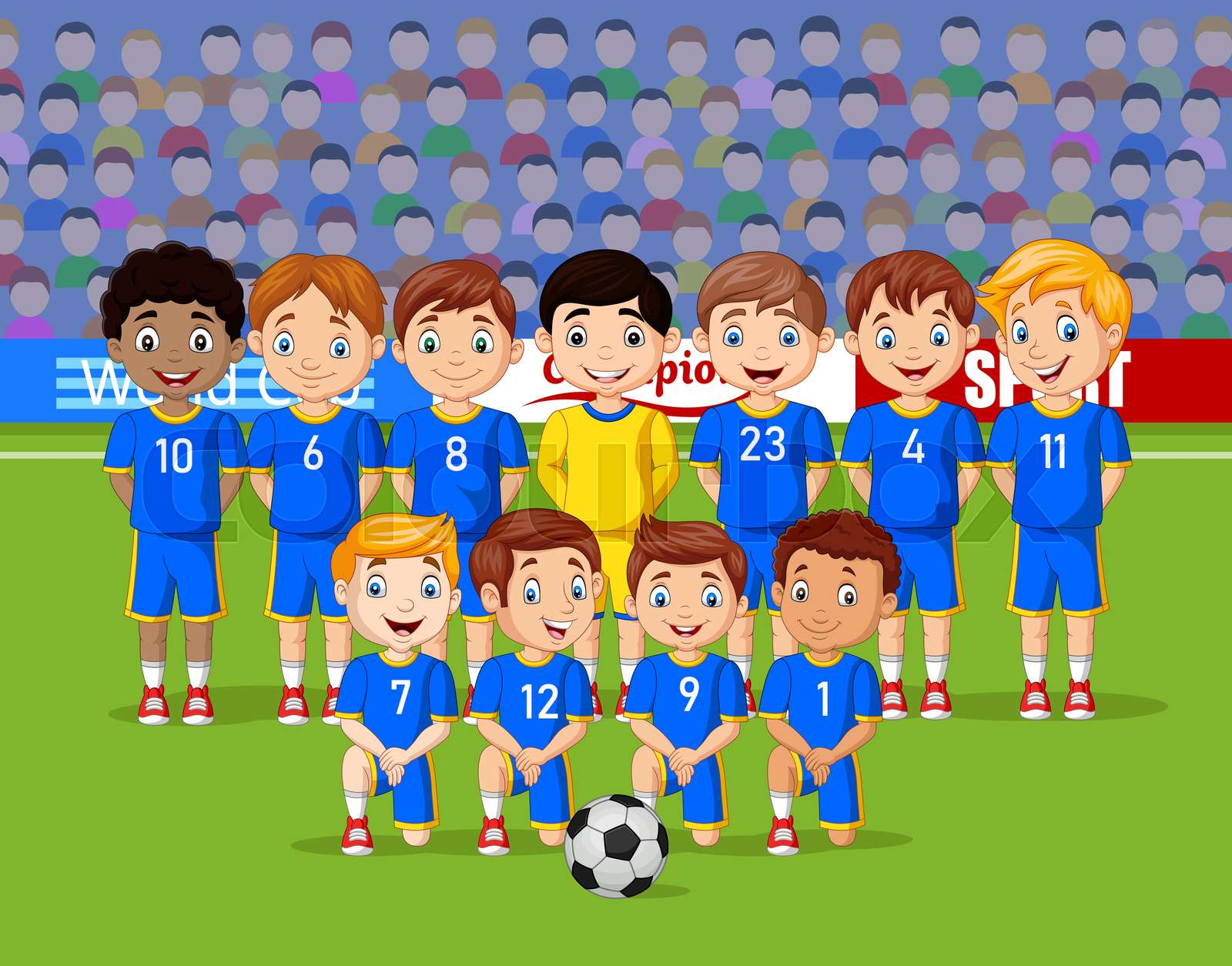Cartoon soccer kids team at a stadium | Stock vector | Colourbox