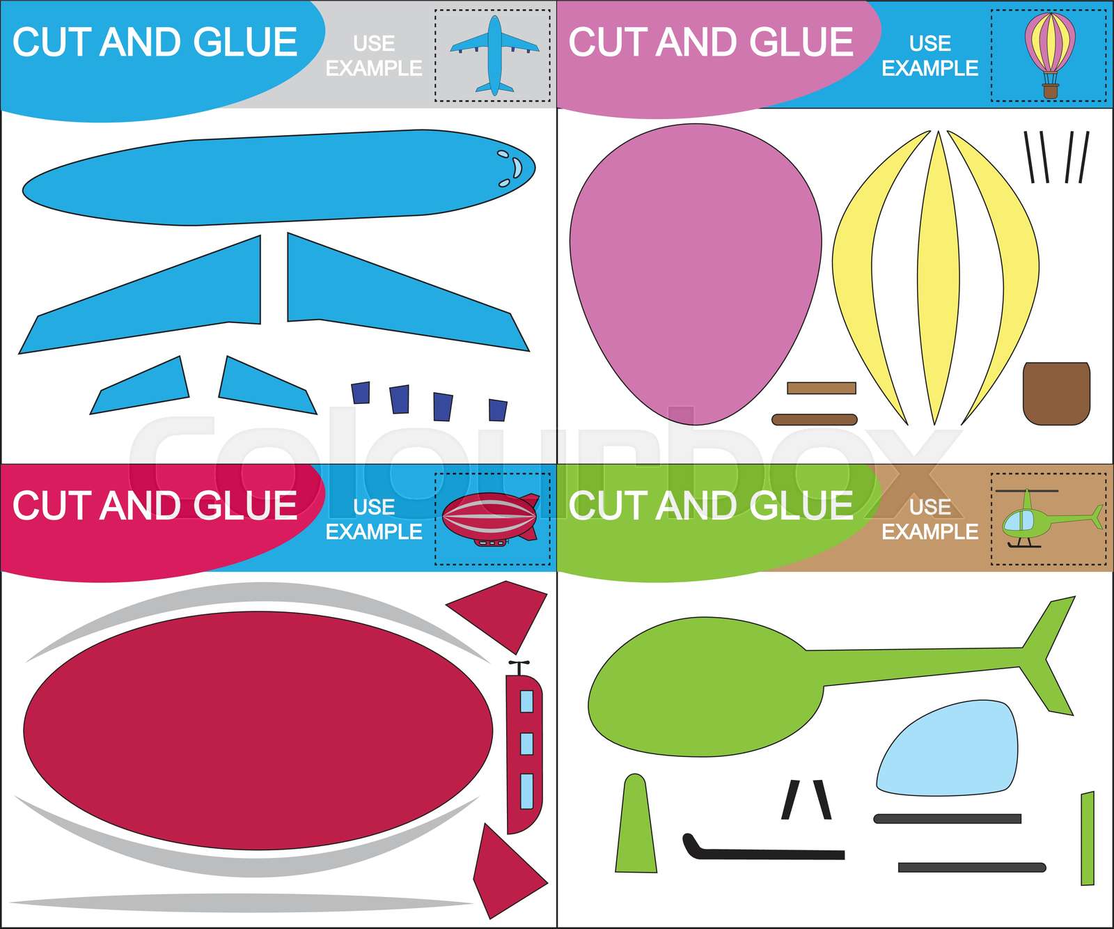 Create the images of air transports. Cut and glue, paper game for kids ...