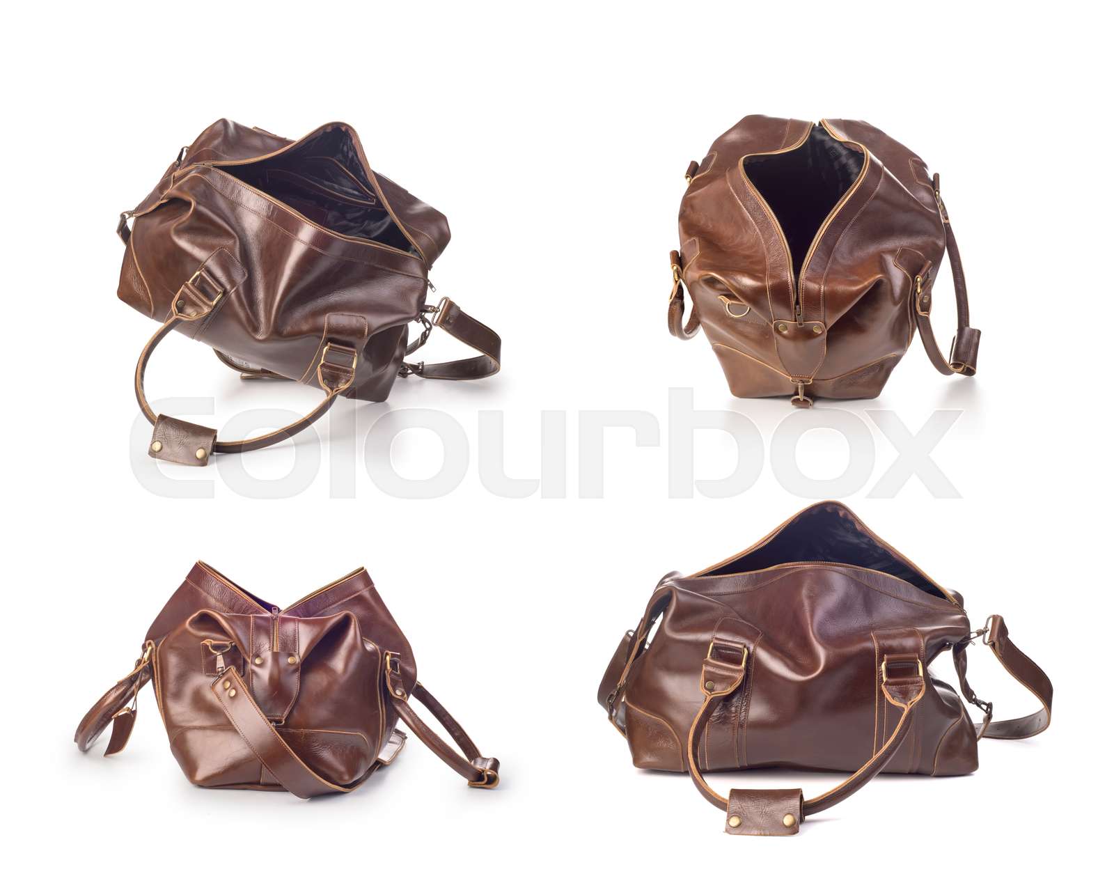 set of broun skin luggage bag open, isolated | Stock image | Colourbox