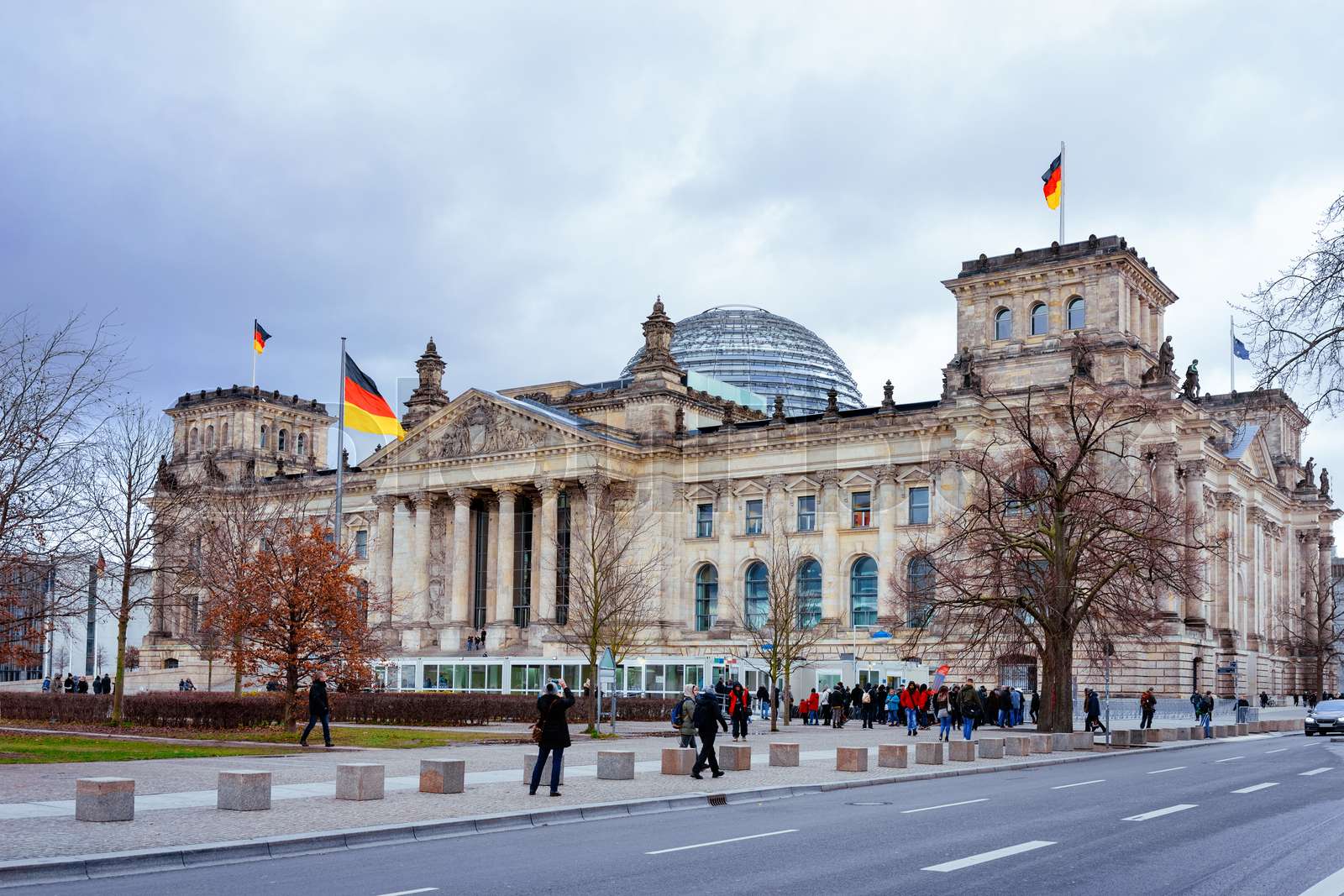 Reichstag building architecture with German flags in Berlin | Stock ...