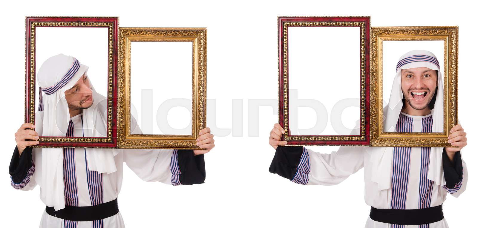 The arab man with picture frame isolated on white | Stock image | Colourbox