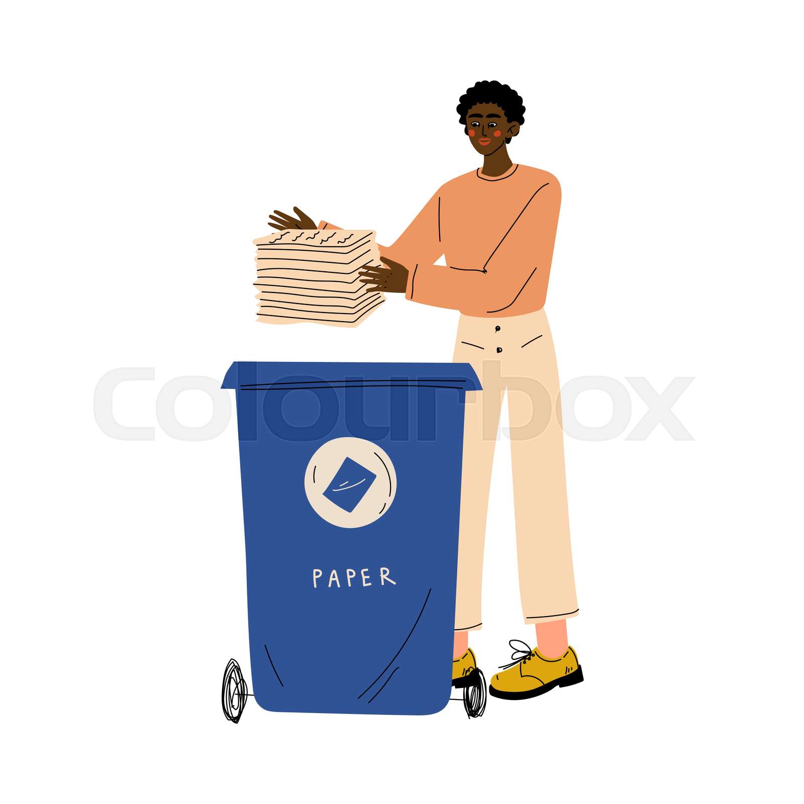 African American Man Throwing Paper Waste into Garbage Container, Guy ...