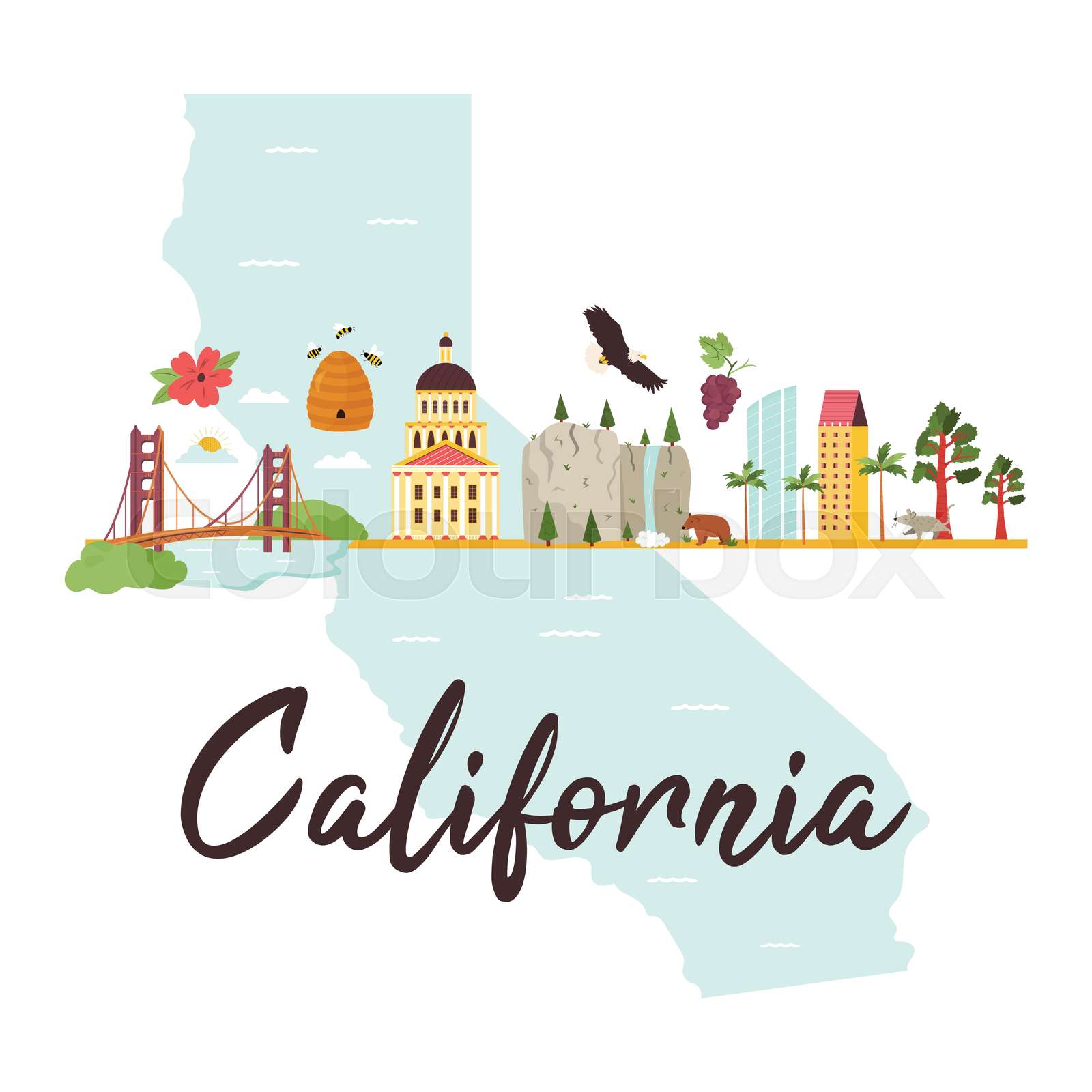 Bright design with famous places of California | Stock vector | Colourbox