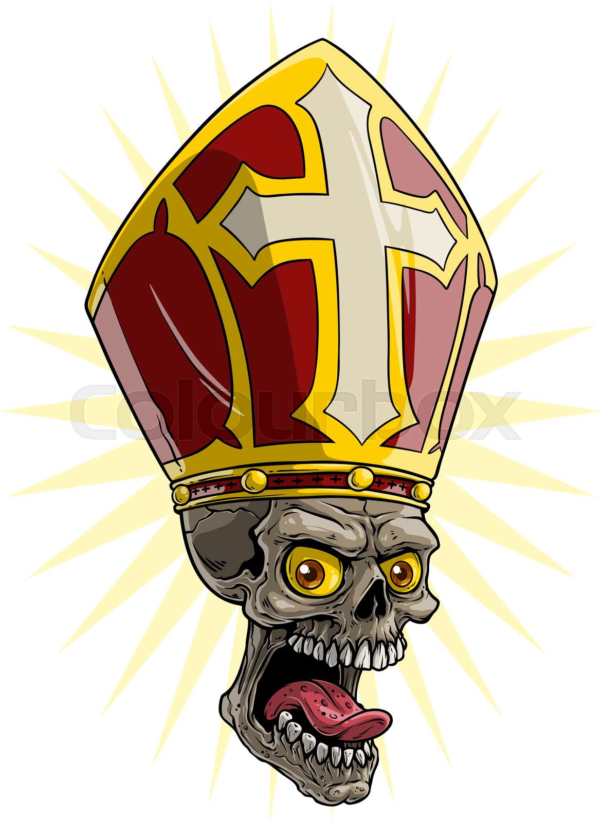 Cartoon human skull in bishop mitre with cross | Stock vector | Colourbox