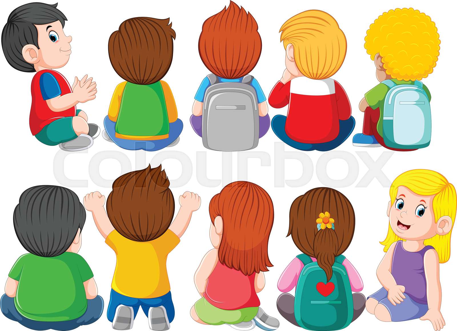 Back view of a group of cute kids sitting | Stock vector | Colourbox