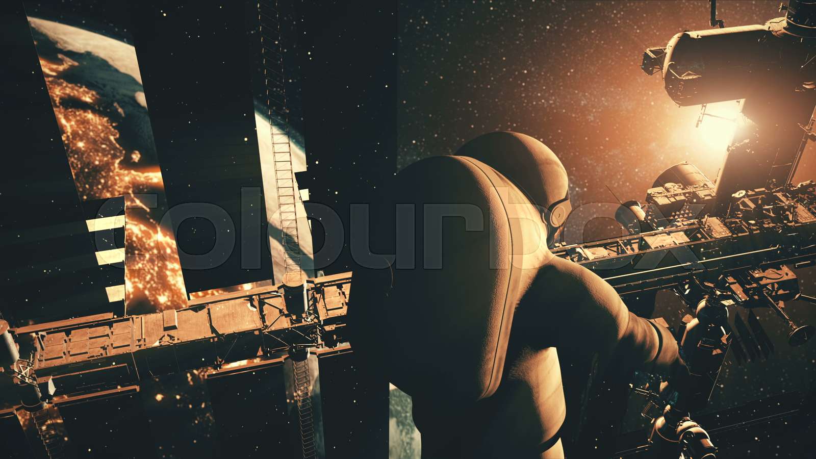 astronaut rotates by International Space Station | Stock image | Colourbox