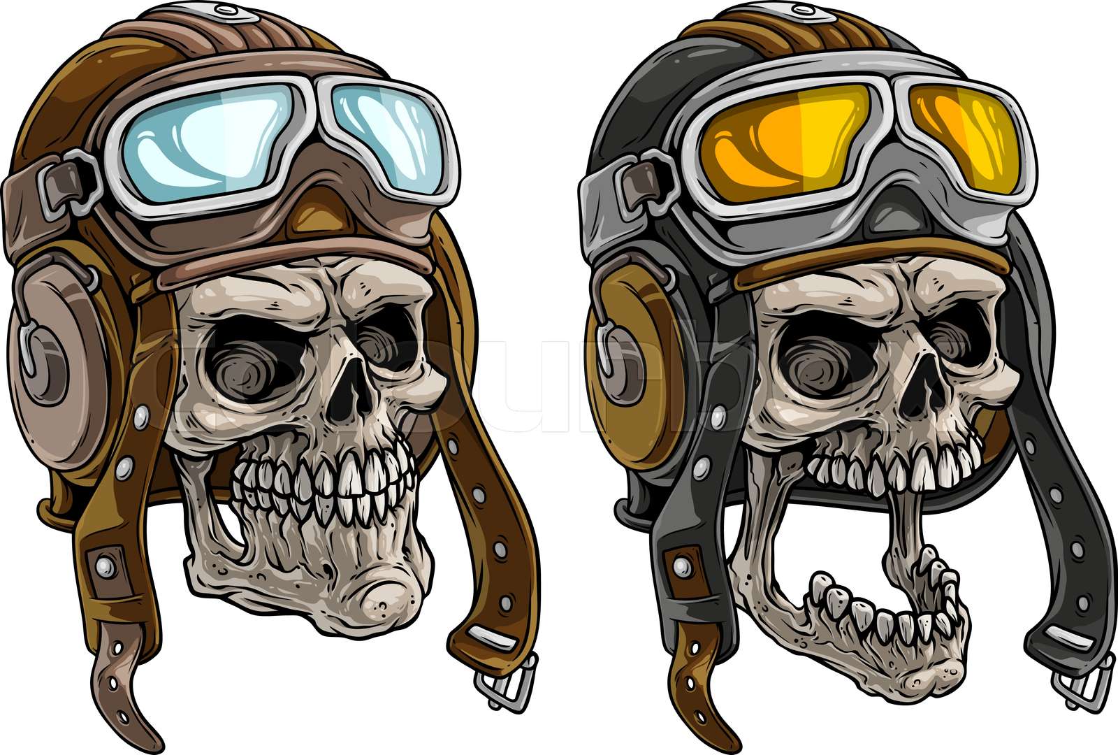 Cartoon human skulls in retro leather pilot helmet | Stock vector ...