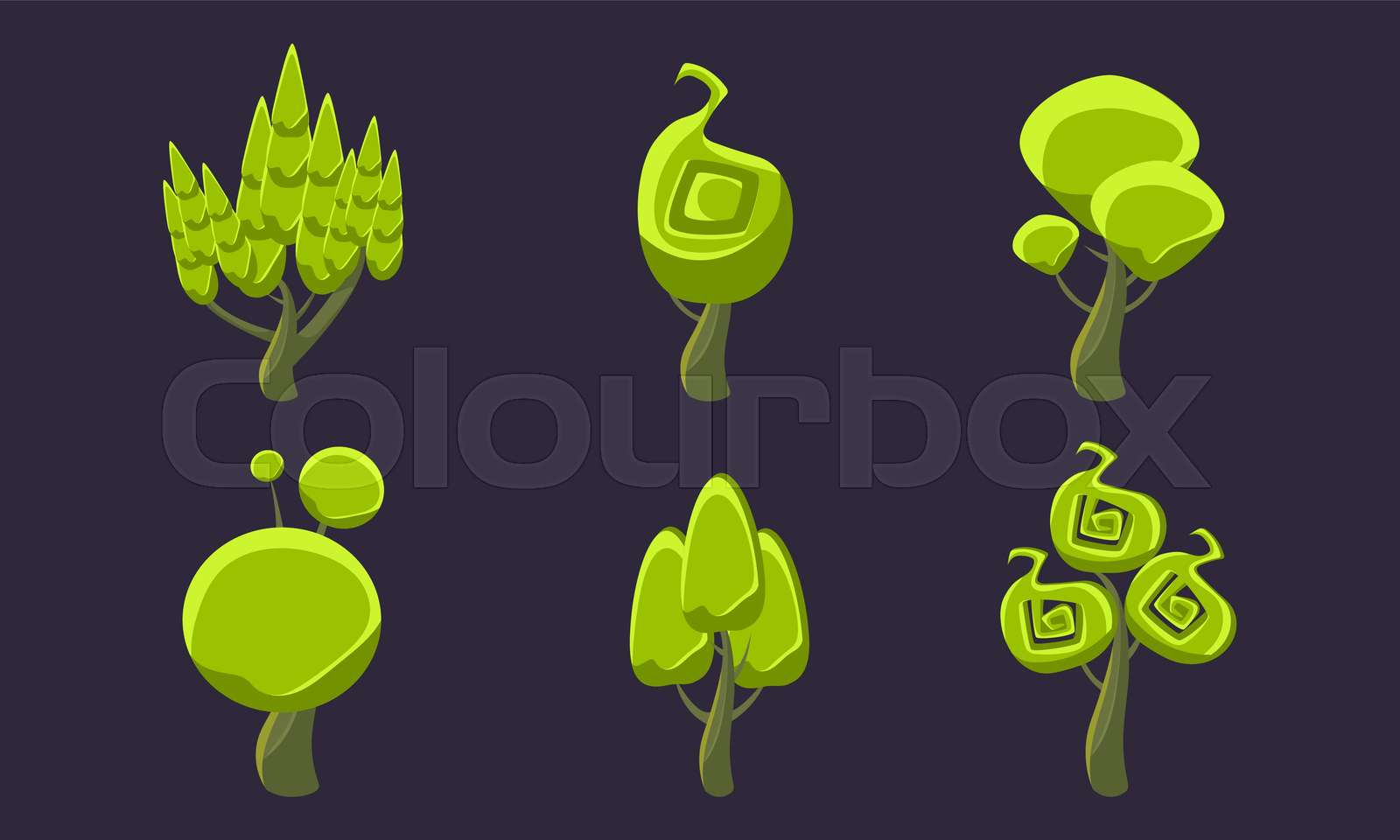 Green Fantasy Shape Trees Set, Fantastic Landscape Elements, Game Ui ...