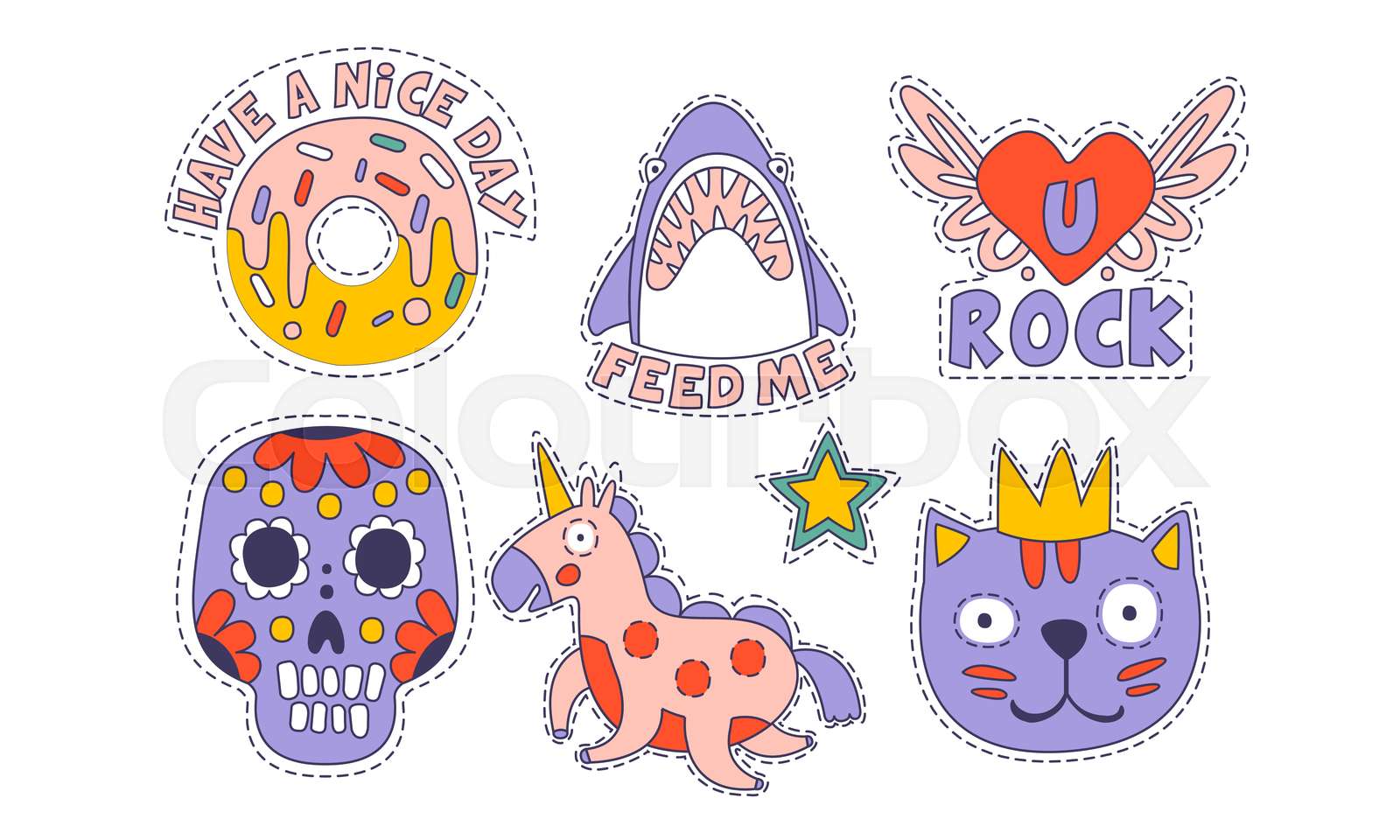 Cute Trendy Patches Set, Colorful Childish Stickers Appliques Vector ...