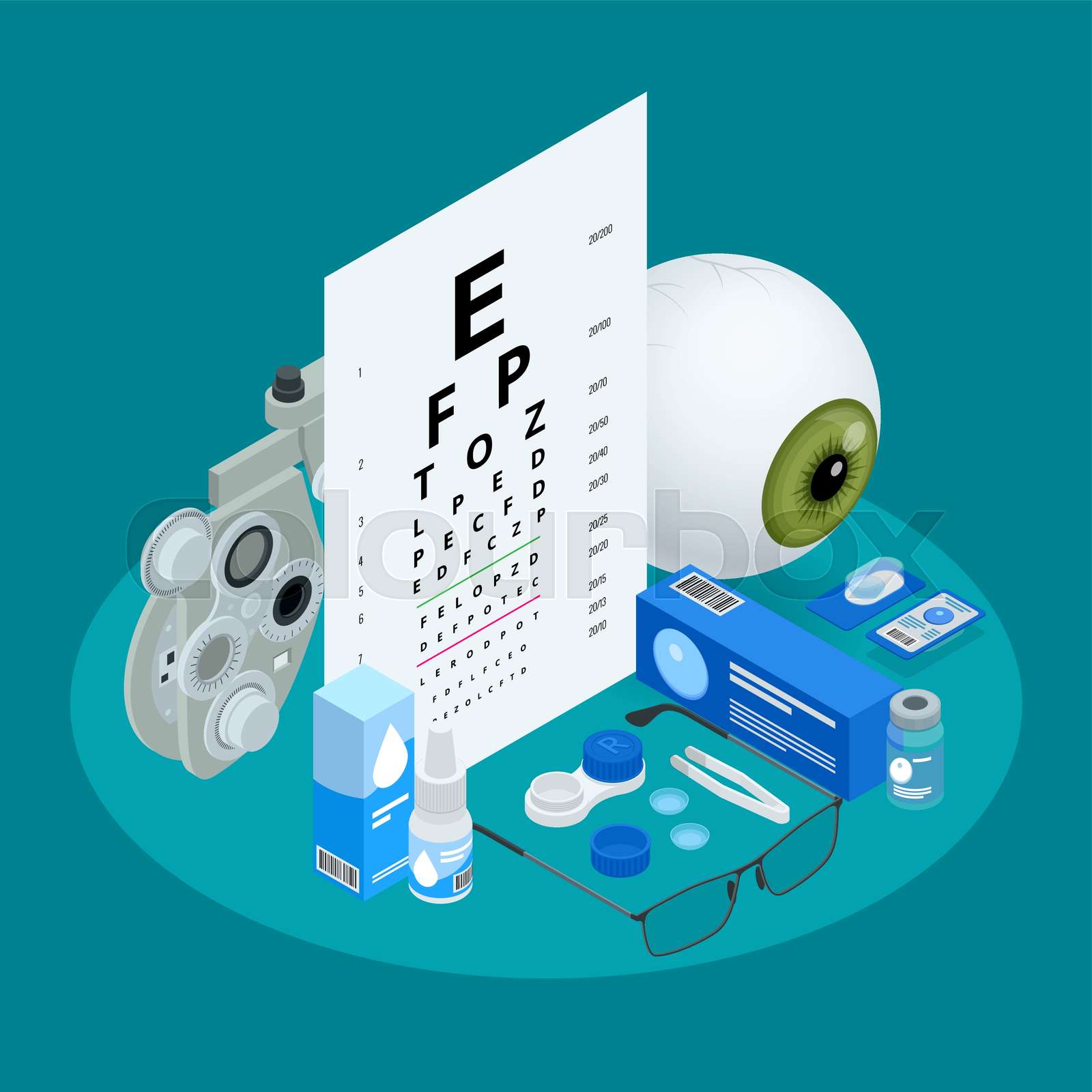 Isometric set of Ophthalmology and eye care icons. Medical helth ...