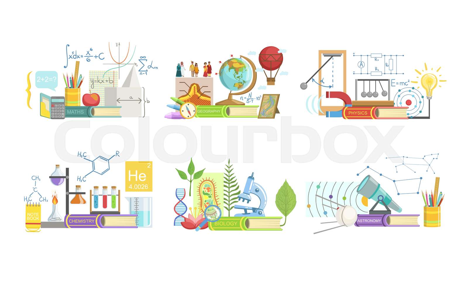 School Subjects Set, Math, Geography, Physics, Chemistry, Biology ...