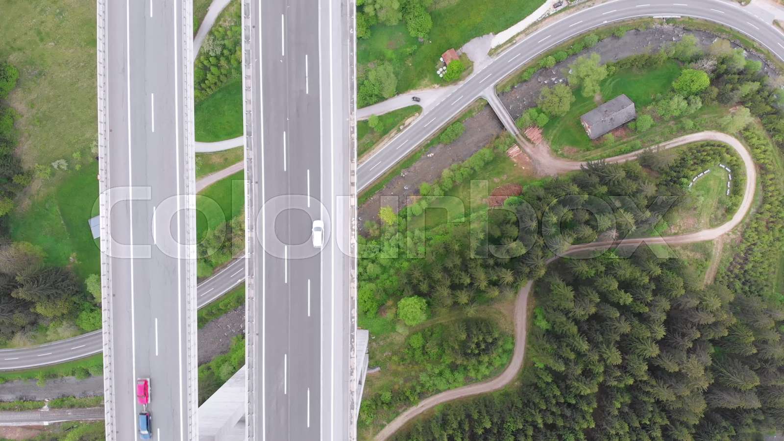 Aerial Top view of Highway Viaduct with Multilane Traffic in Mountains ...