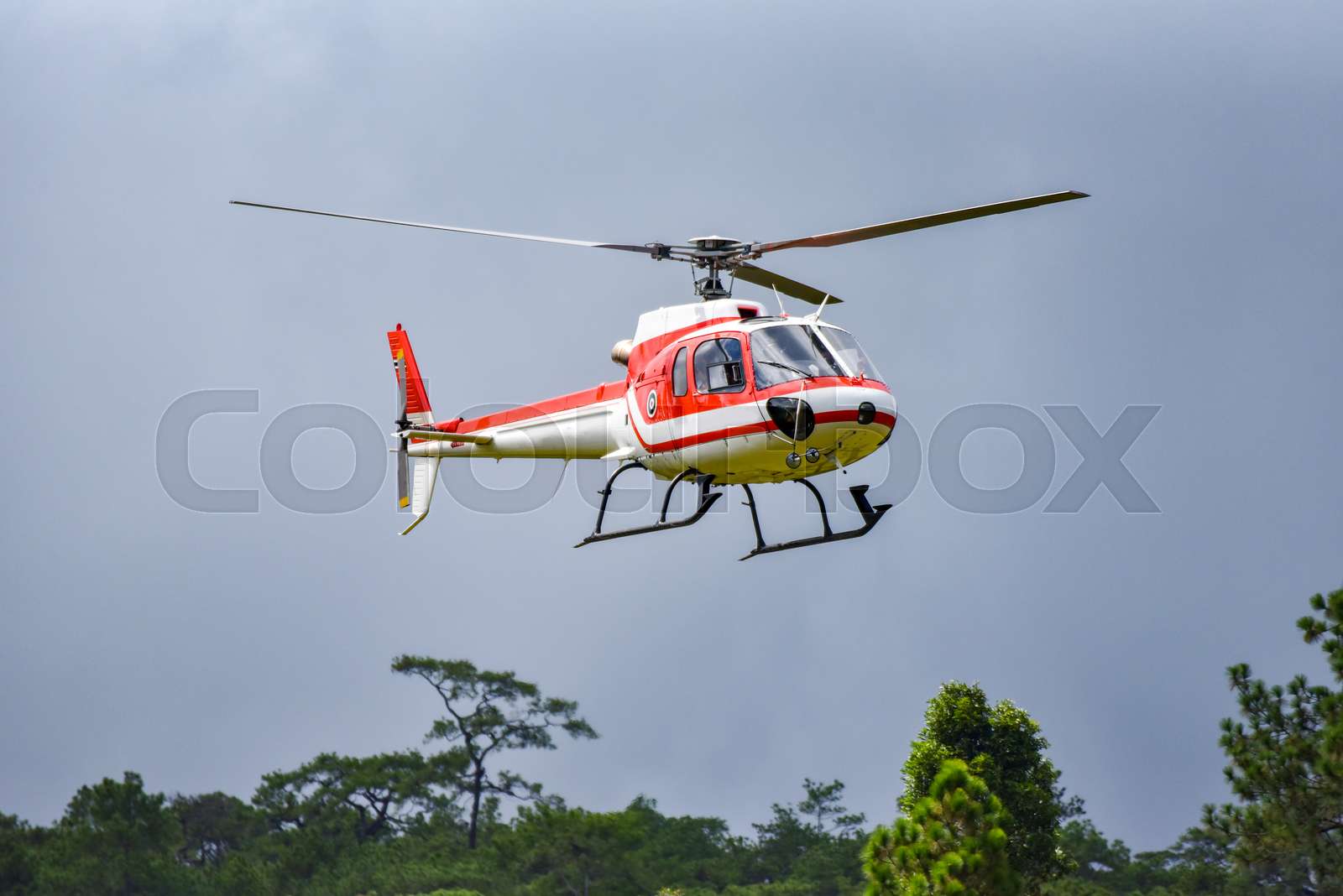 helicopter flying on sky / white red fly helicopter storm on sky with ...