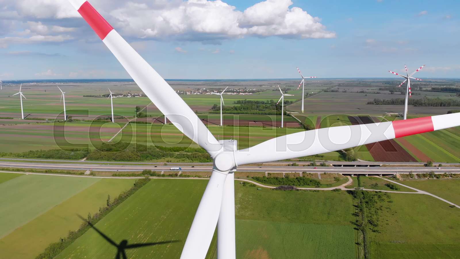 Aerial view of Wind Turbines Farm and Agricultural Fields. Austria ...