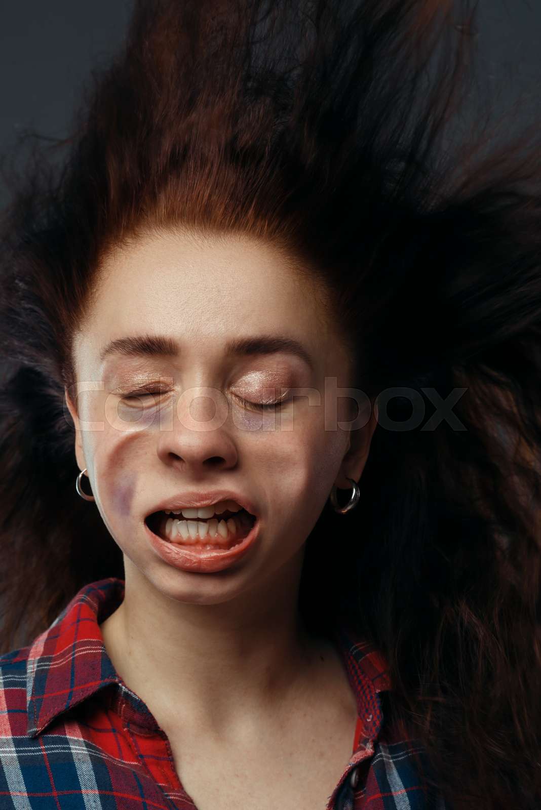 Strong wind blowing on woman's face, funny emotion | Stock image ...