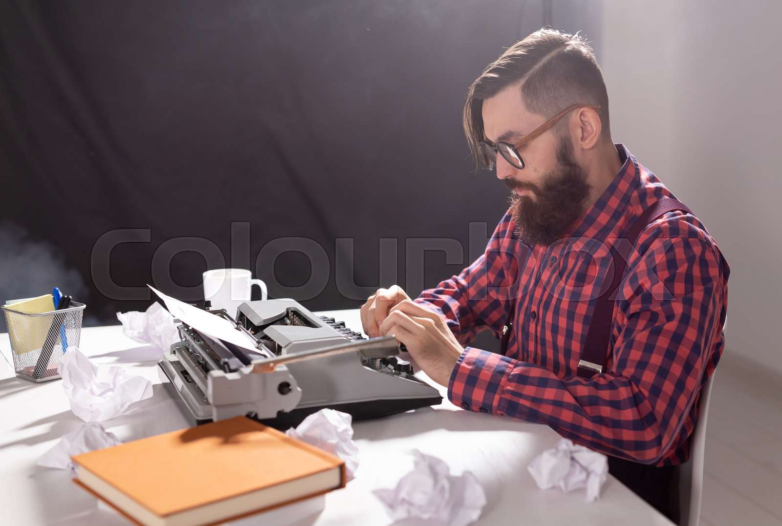 people, writer and hipster concept - young stylish writer working on ...