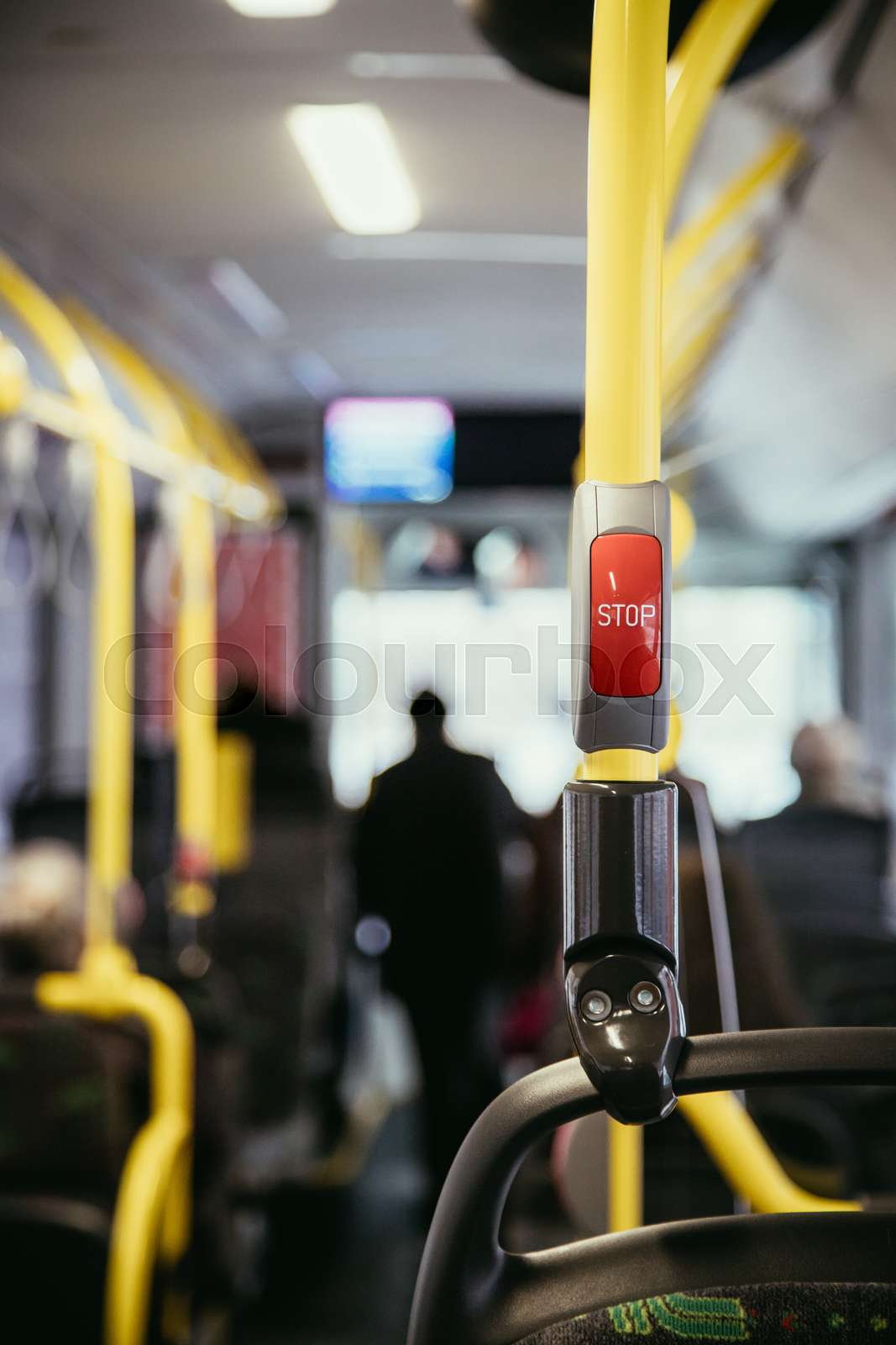 Red stop button in a bus, commuting, public transport | Stock image ...