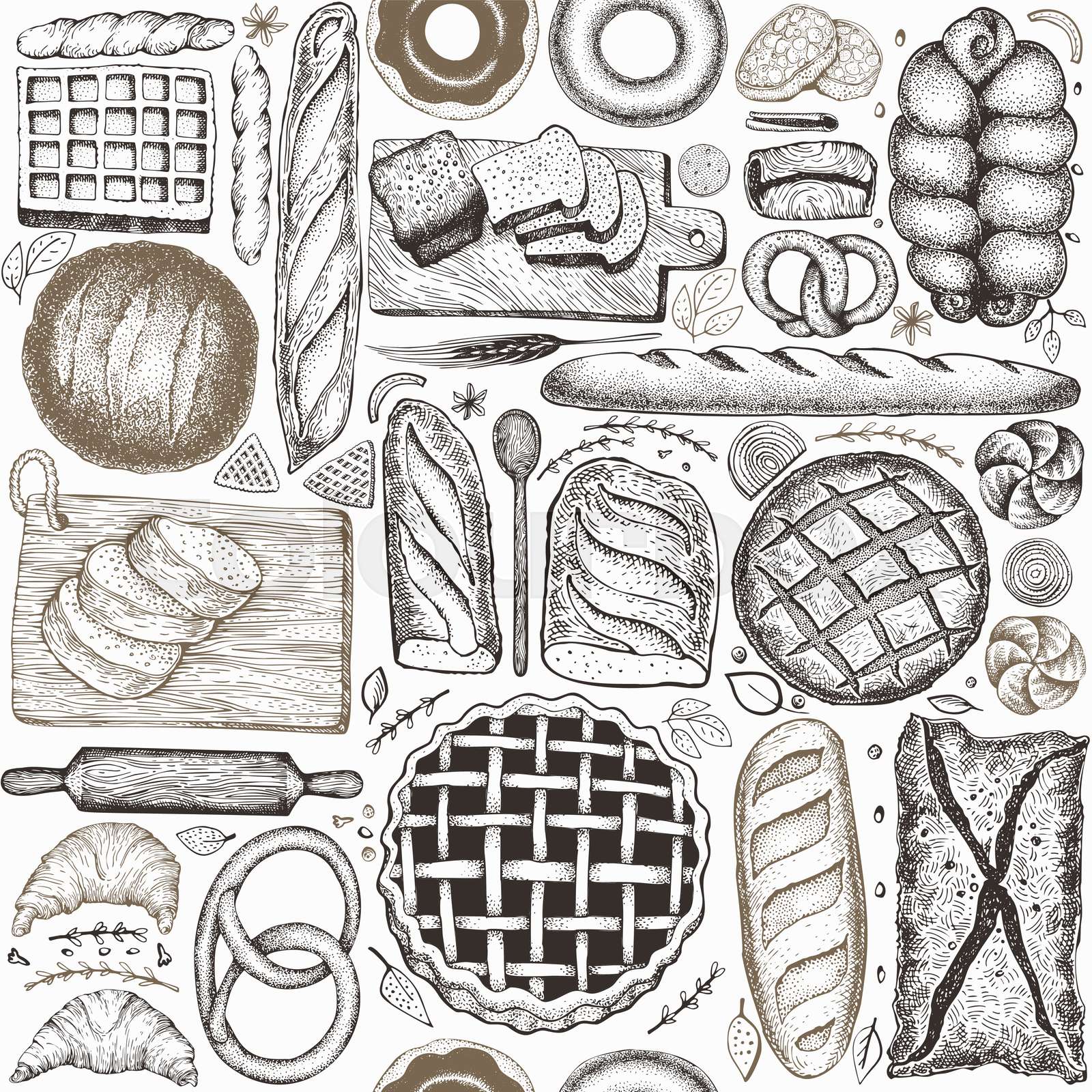 Bread and pastry seamless pattern. Vector bakery hand drawn ...
