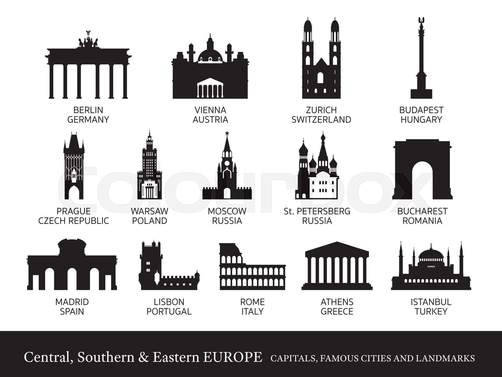 Central, Southern and Eastern Europe Cities Landmarks Silhouette ...