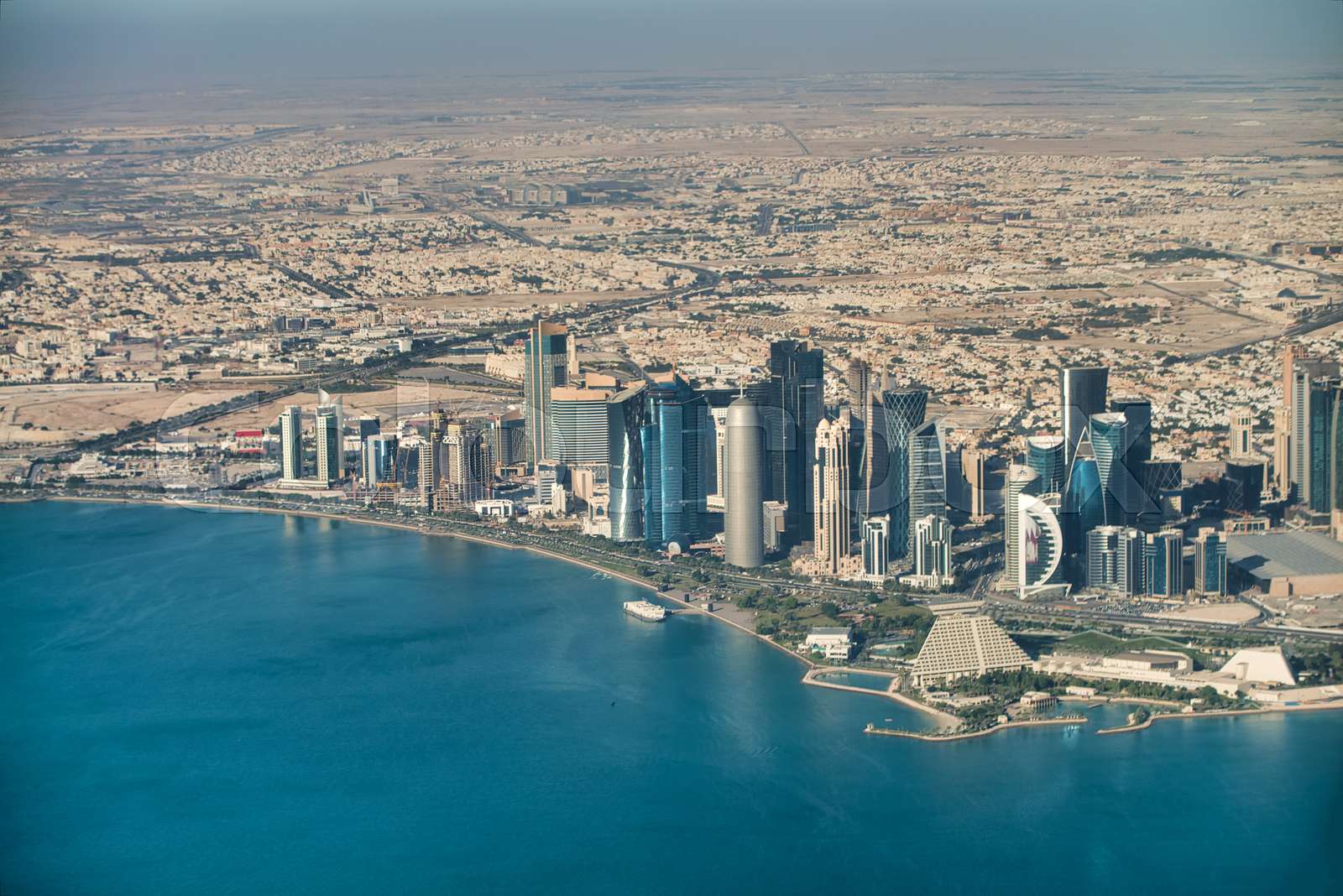 Doha, Qatar. Aerial view of beautiful modern skyline from a moving ...