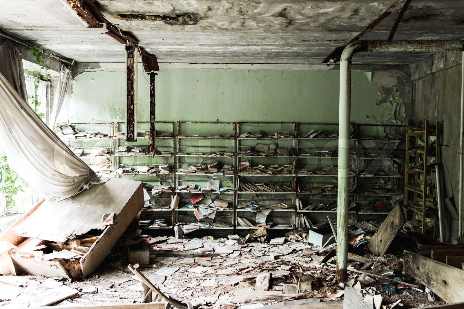 dirty and abandoned library with books on floor in school | Stock image ...