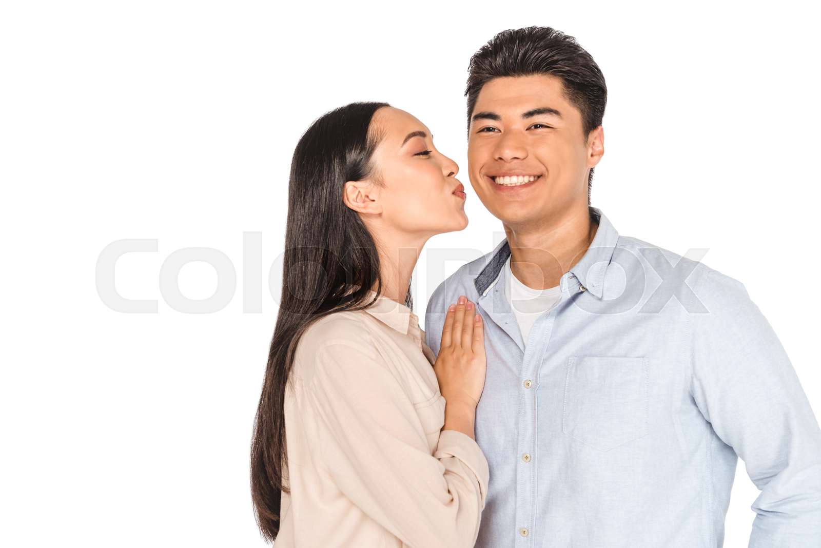 attractive asian girl kissing happy boyfriend isolated on white | Stock ...