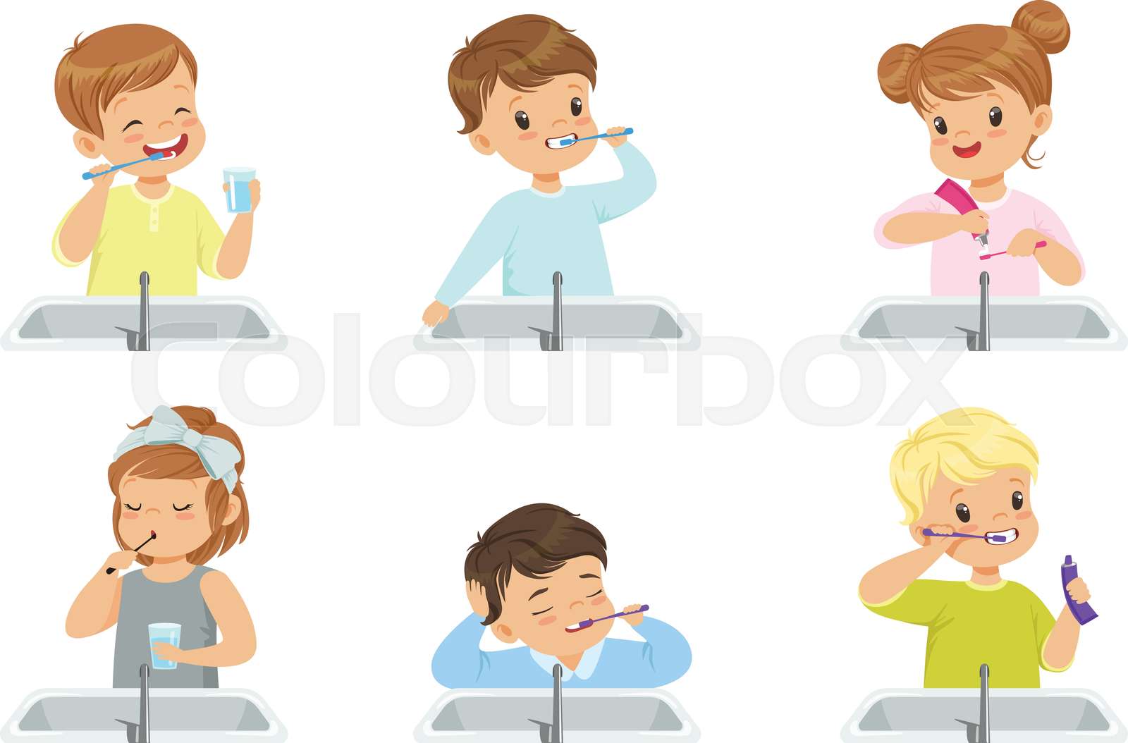 Kids brushing teeth set, cute boys and girls caring for their teeth in ...